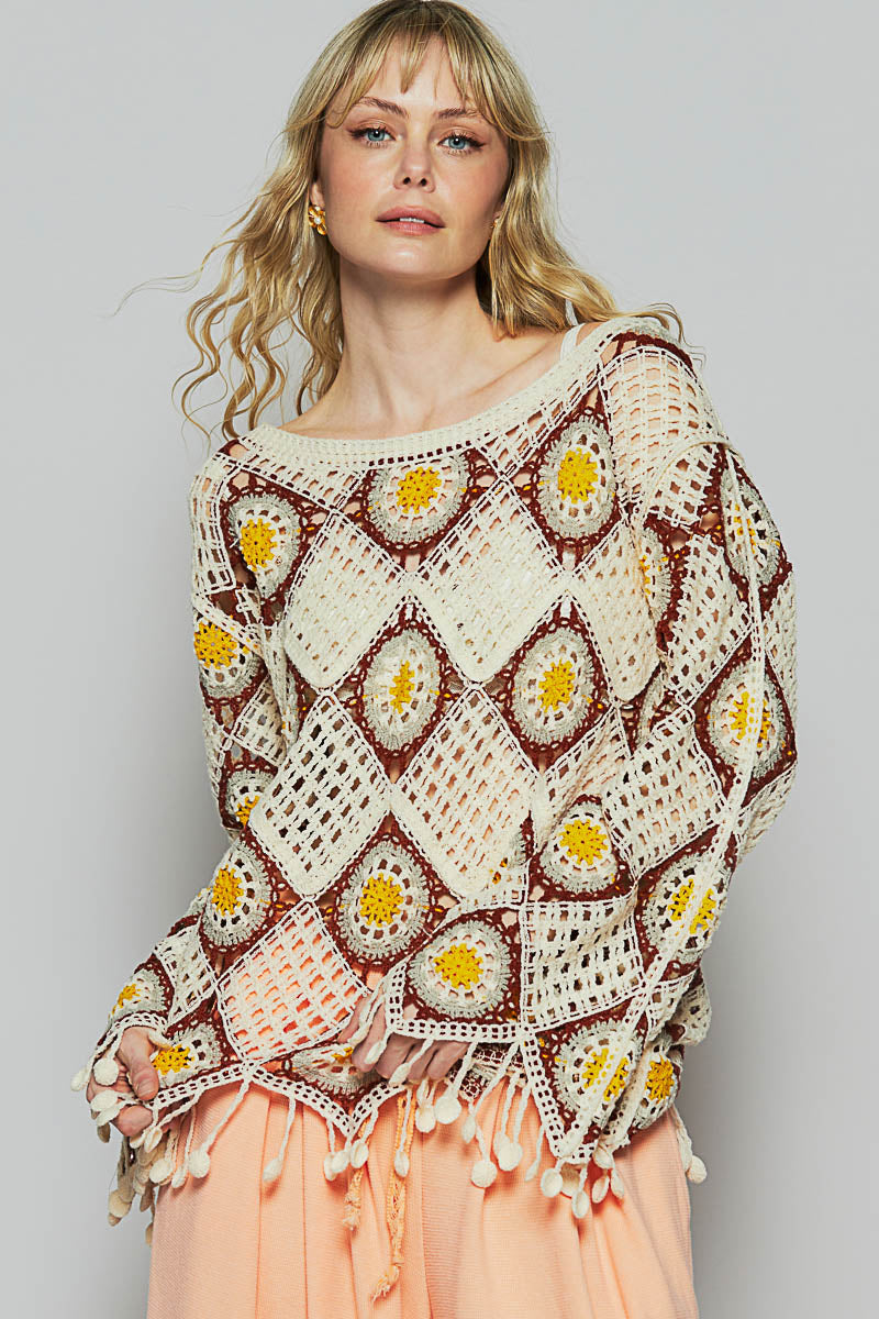 POL BoHo Granny Square Sweater Top at Leaf Boutique